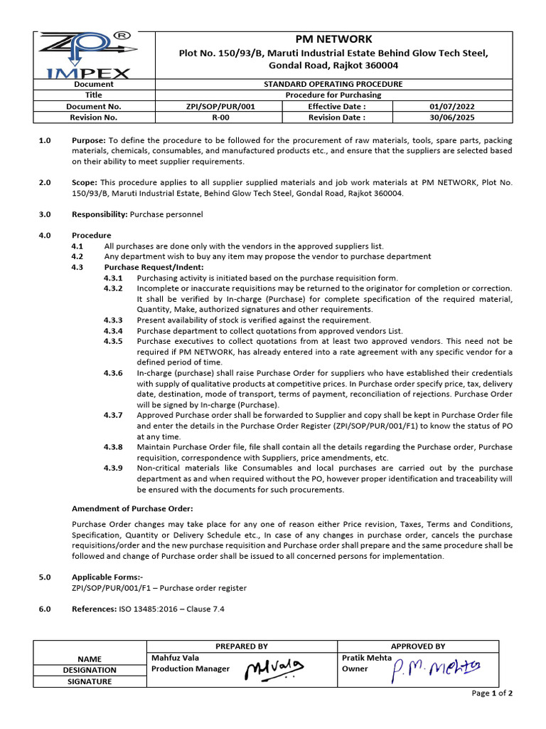 SOP For Procedure of Purchasing | PDF | Specification (Technical Standard) | Business