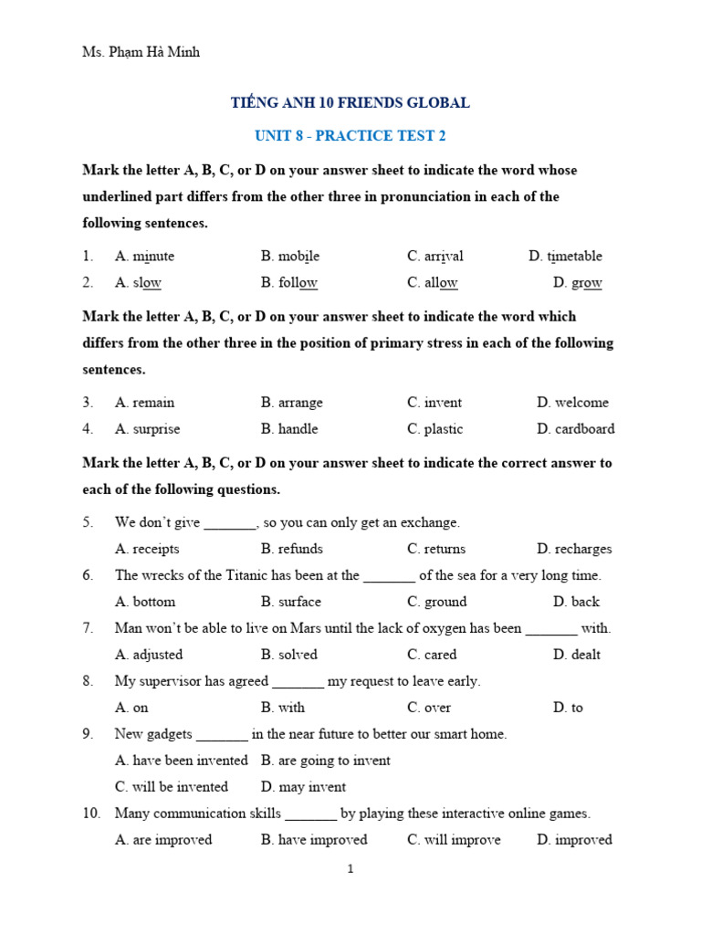 Tieng Anh 10 Friends Global - Unit 8 - Test 2 | Download Free PDF ...