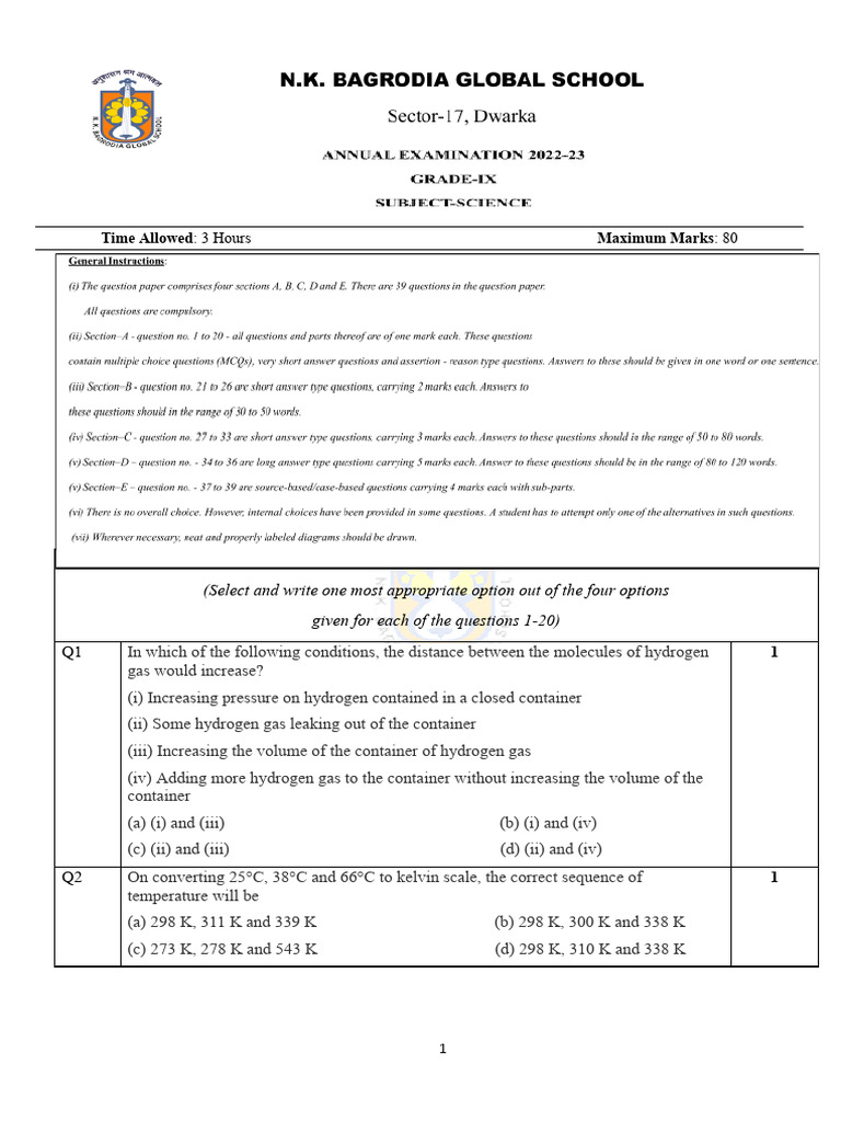Science Ix Question Paper Final Term 2022-23 | PDF | Atoms | Sound