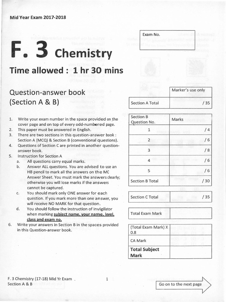 La Salle 2017-2018 Mid Year Exam F3 Chemistry | PDF