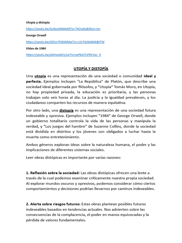 Utopía Y Distopía Perfecta. Ejemplos Incluyen "La República" de Platón, Que Describe Una | PDF ...