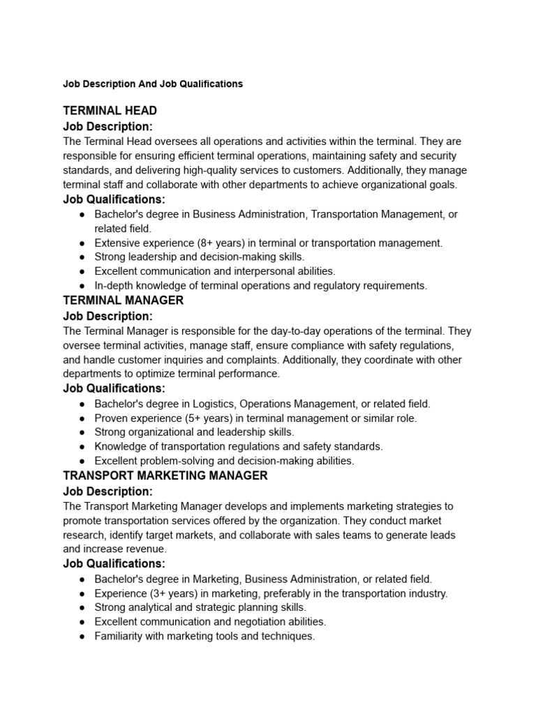 Terminal and Management Job Descriptions | PDF | Technical Support ...