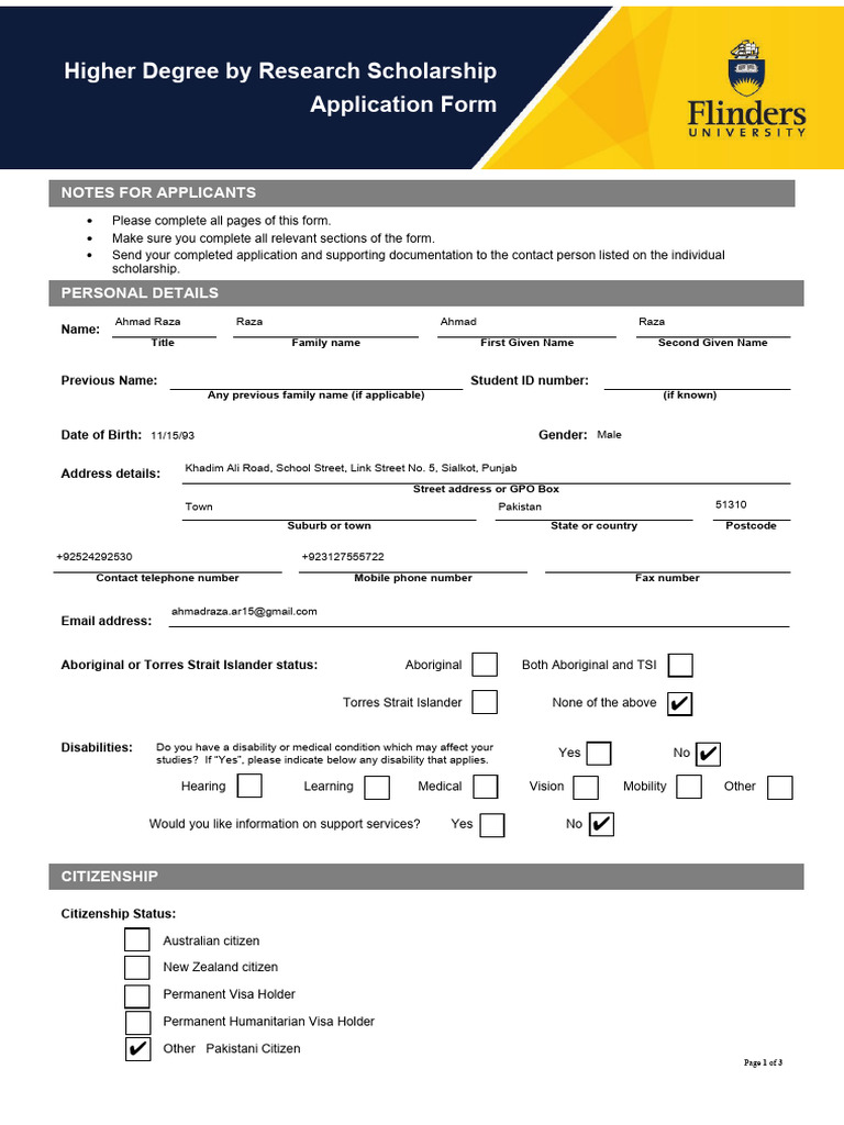 Higher Degree Research Scholarship Form | PDF | Academic Degree ...