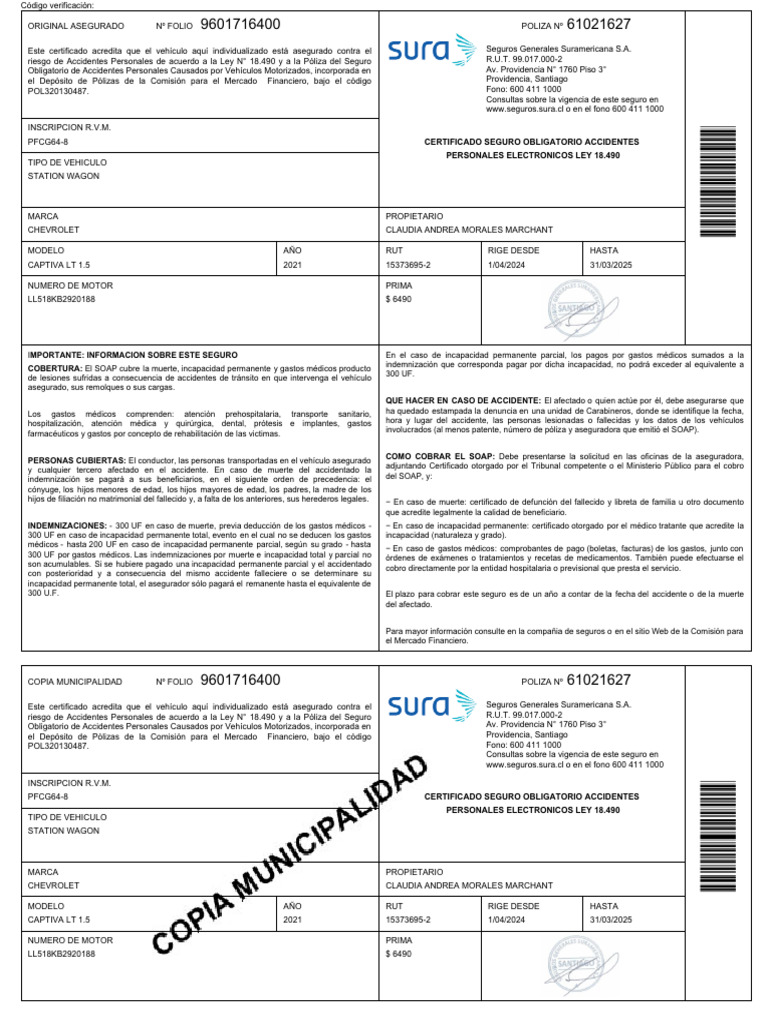 Certificado Seguro Obligatorio Accidentes Personales Electronicos Ley ...