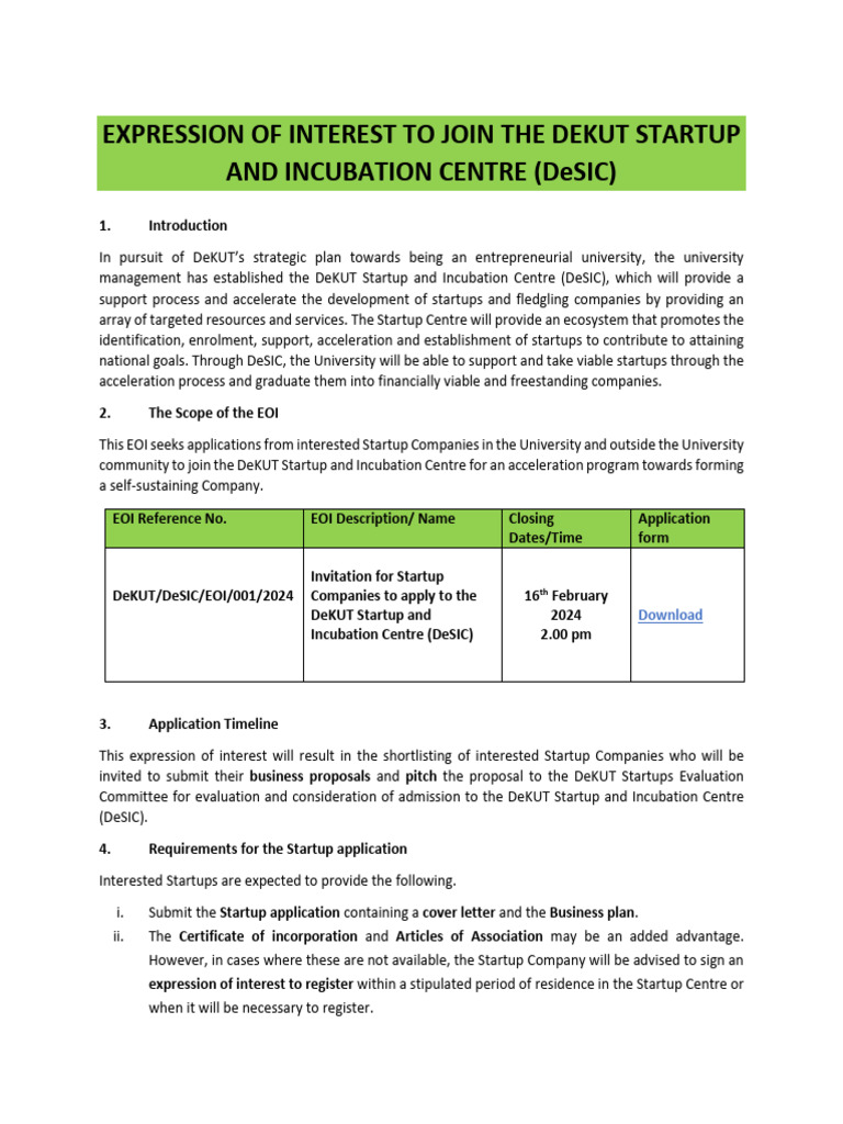 Expression of Interest To Join The DeKUT Startup and Incubation Centre (DeSIC) January 2024 ...