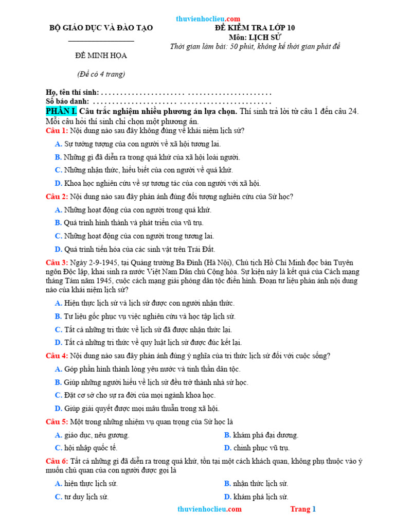 De Minh Hoa Kiem Tra Lich Su 10 Bo GDDT | PDF