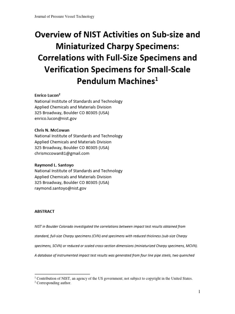 NIST Correlation Full-Size and Sub-Size or Miniaturized Charpy ...