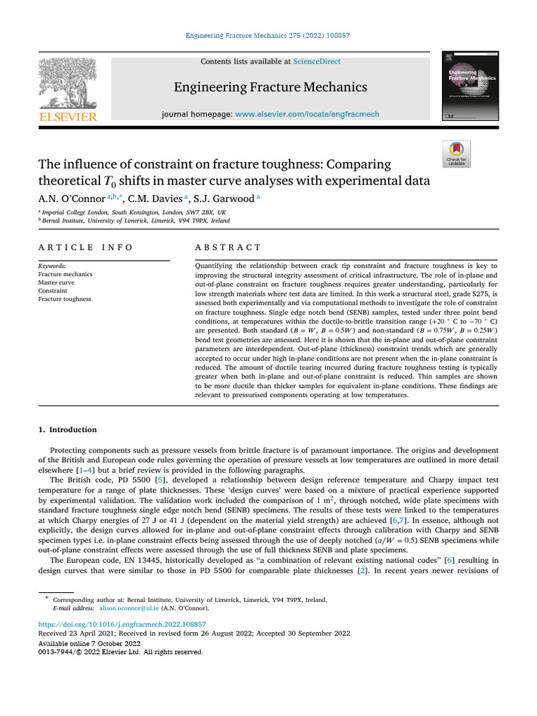 The Influence of Constraint On Fracture Toughness T0 Shift in Master Curve 2022 | PDF | Strength ...