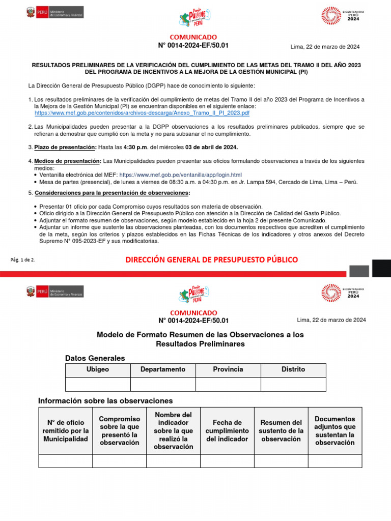 Comunicado MEF 22032024 Obs A Resultados 03042024 | PDF | Presupuesto