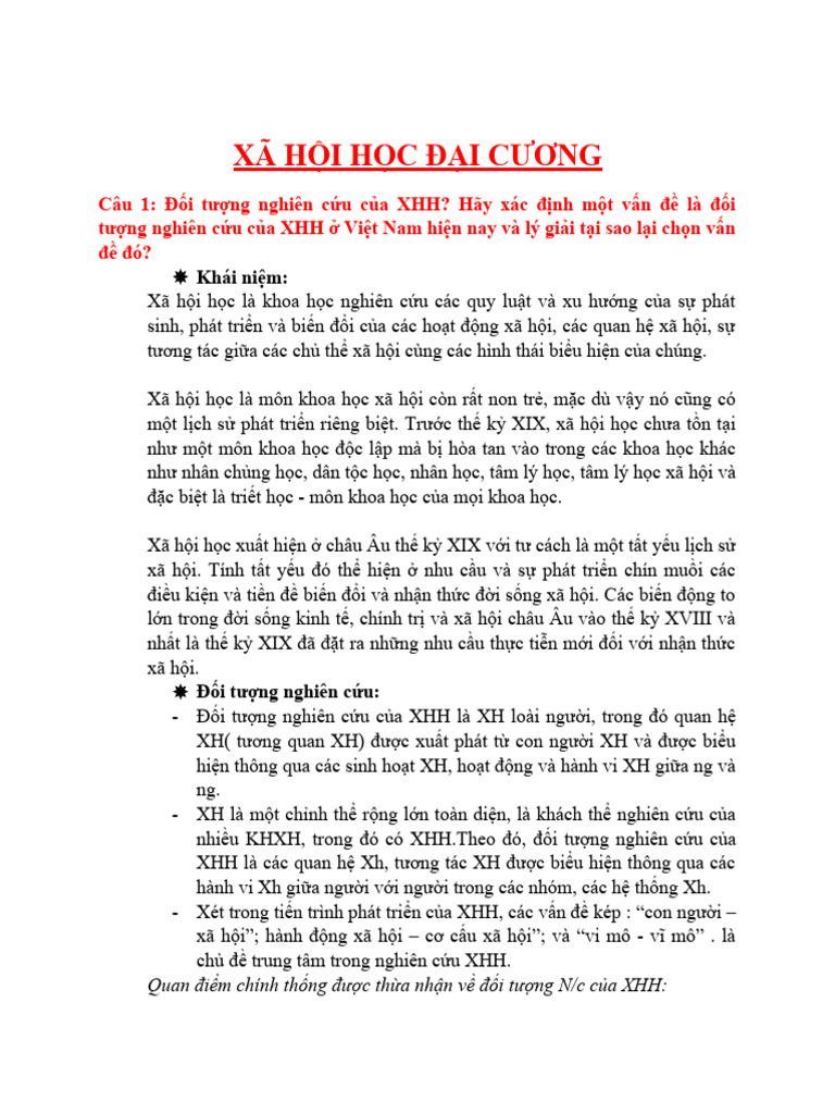 Đề Cương XHH CÁC NĂM TRƯỚC | PDF