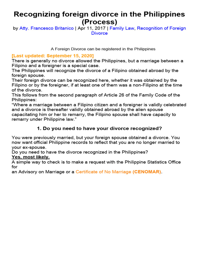 NOTES On Recognizing Foreign Divorce in The Philippines | PDF ...