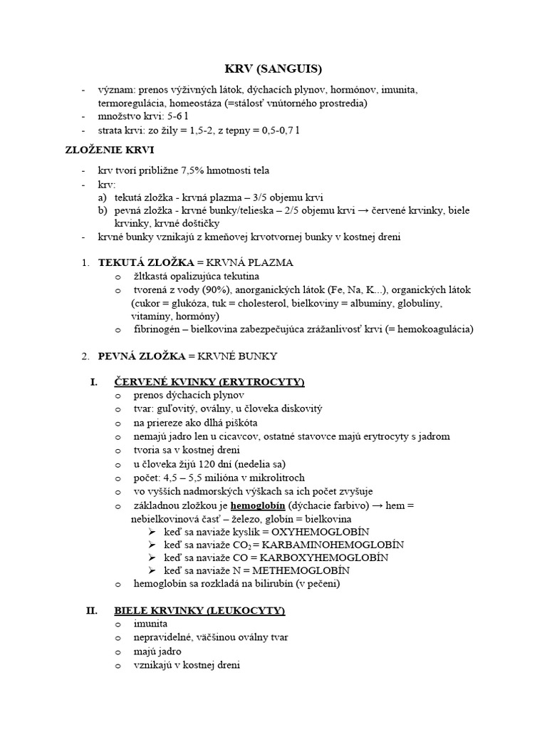 KRV (Sanguis) : Zloženie Krvi | PDF