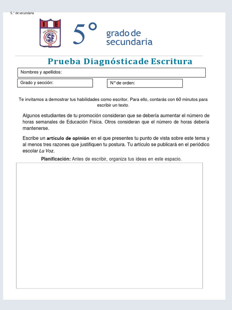 Prueba Diagnóstica De Escritura 5 Secundaria Pdf