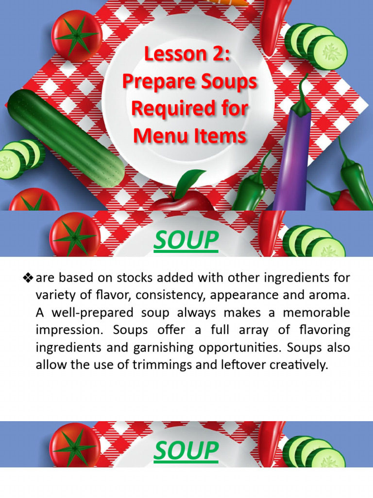 Soup Preparation Techniques and Types | PDF | Soup | Stock (Food)