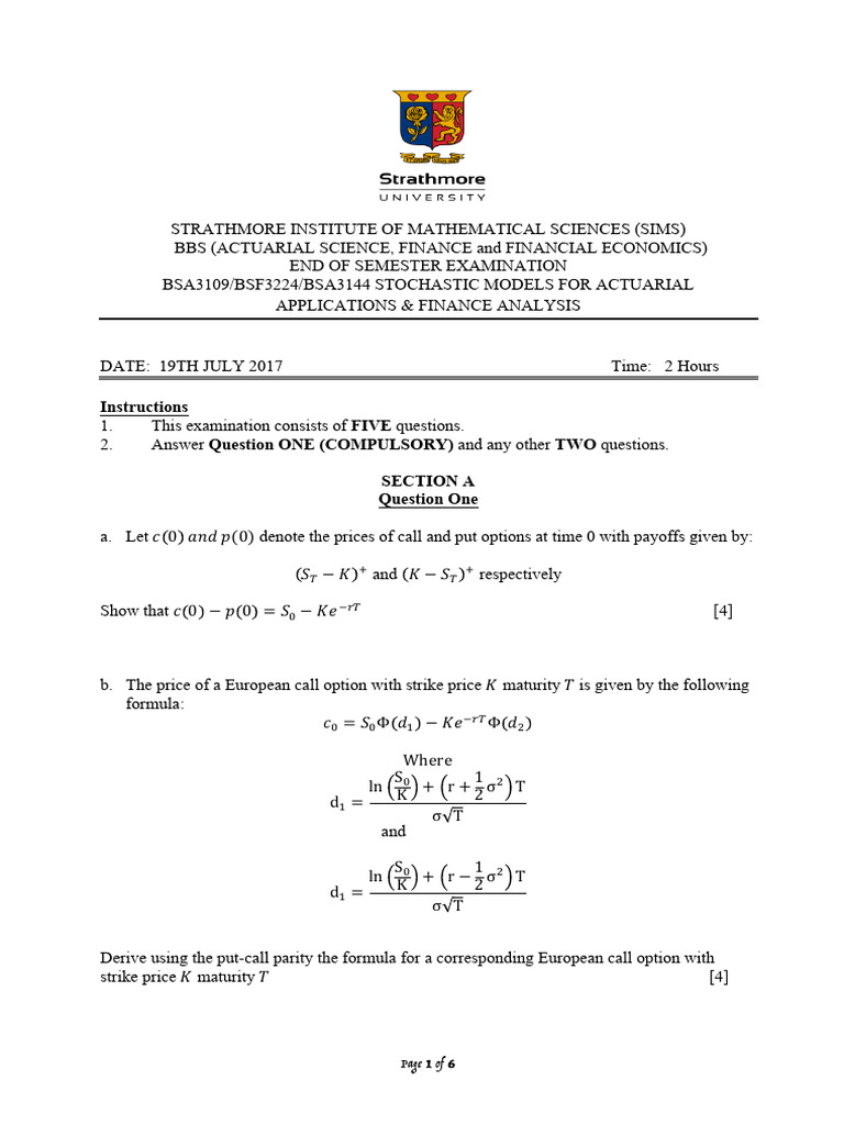 Stochastic Models Exam for Actuarial Science | PDF | Option (Finance ...