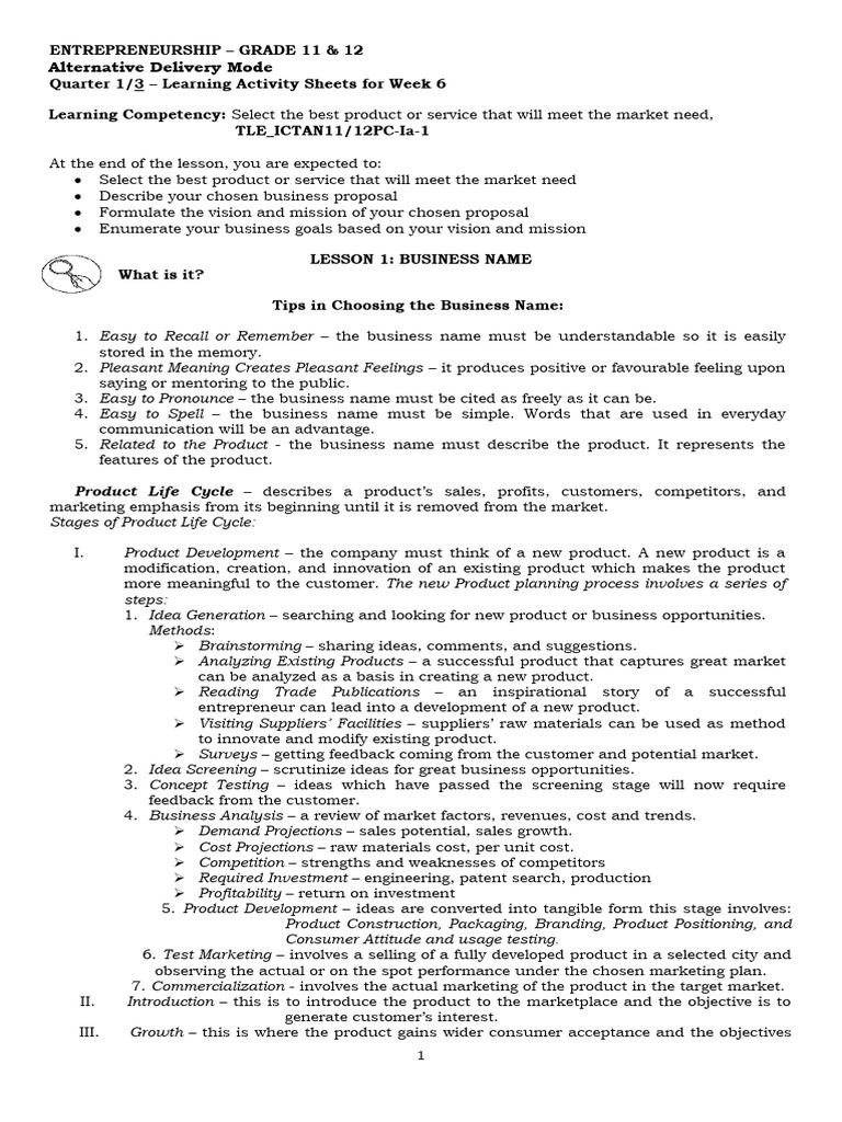 Entrepreneurship Q1 Las Week-6 | PDF | Marketing | Product (Business)