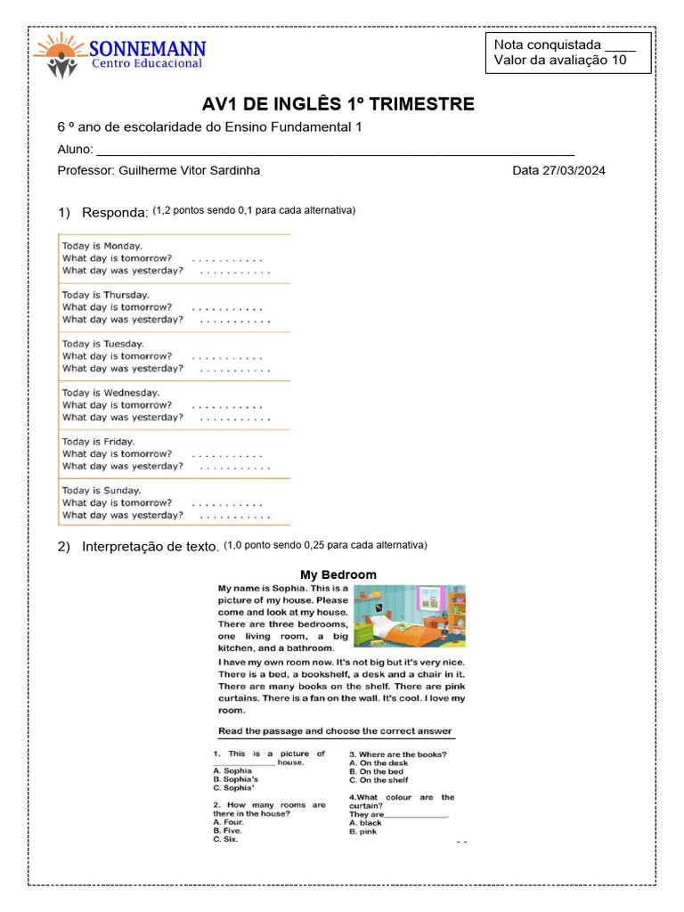 Av1 6 Ano Inglês. | PDF