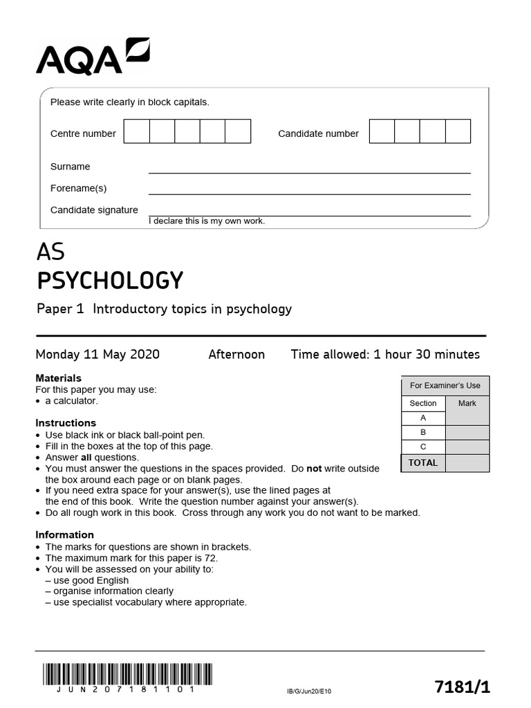 AQA A Level Psychology Paper 1 2020 | PDF | Memory | Attachment Theory