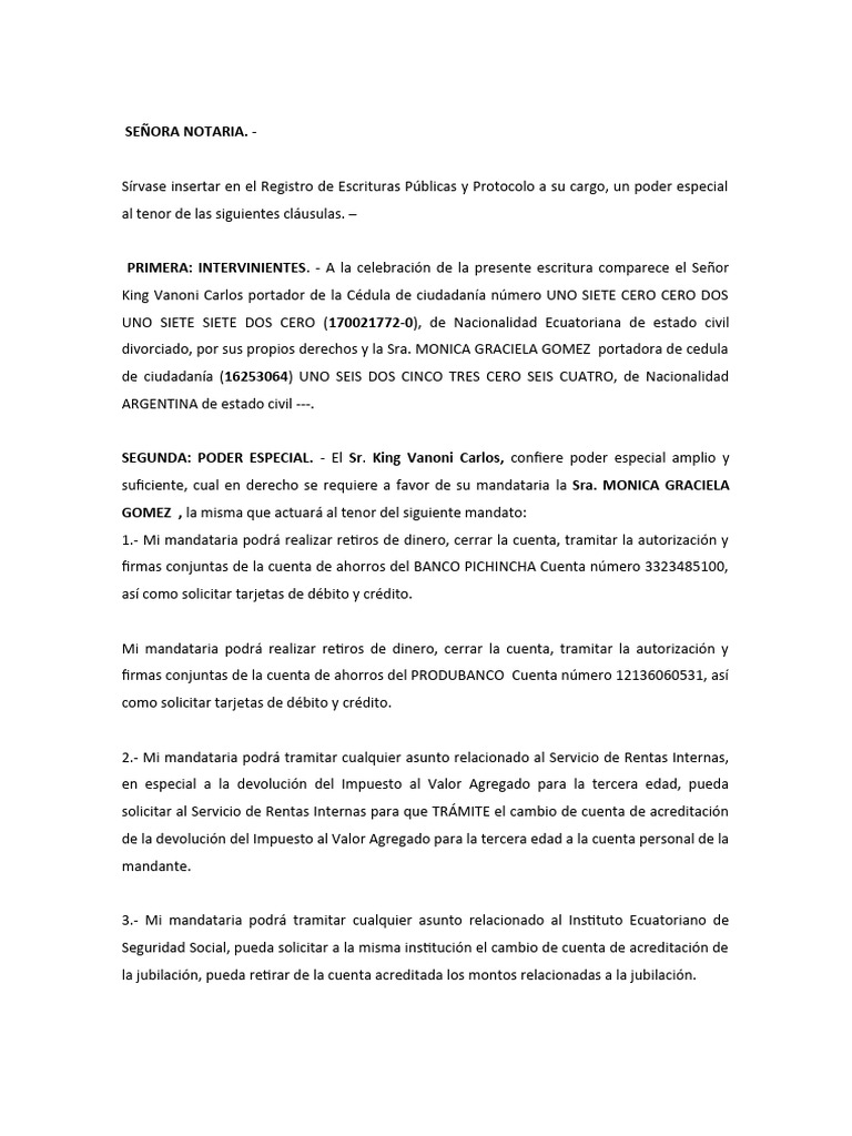 Poder Especial para Trámites Bancarios en Ecuador | PDF | Bancos ...