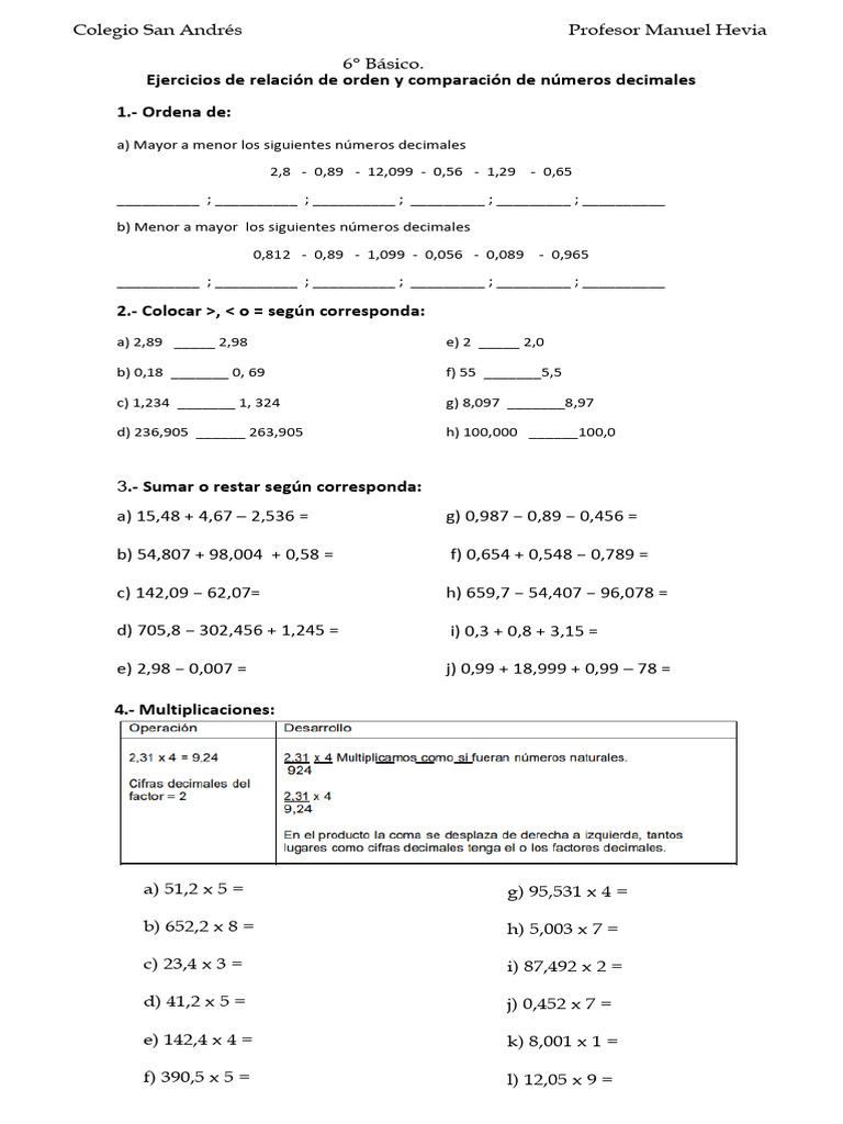 Ejercicios de Relación de Orden y Comparación de Números Decimales 1 ...