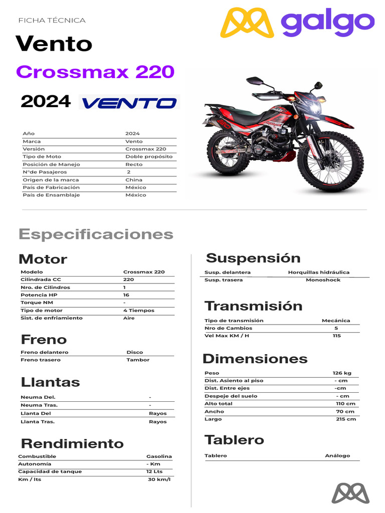 Ficha T Cnica Vento Crossmax 220 Galgo | PDF