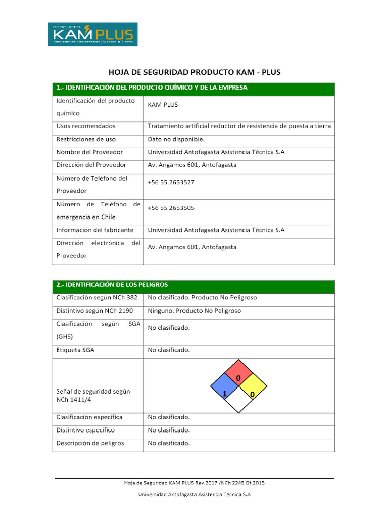Hoja de Seguridad Producto Kam - Plus - PDF Free Download | PDF