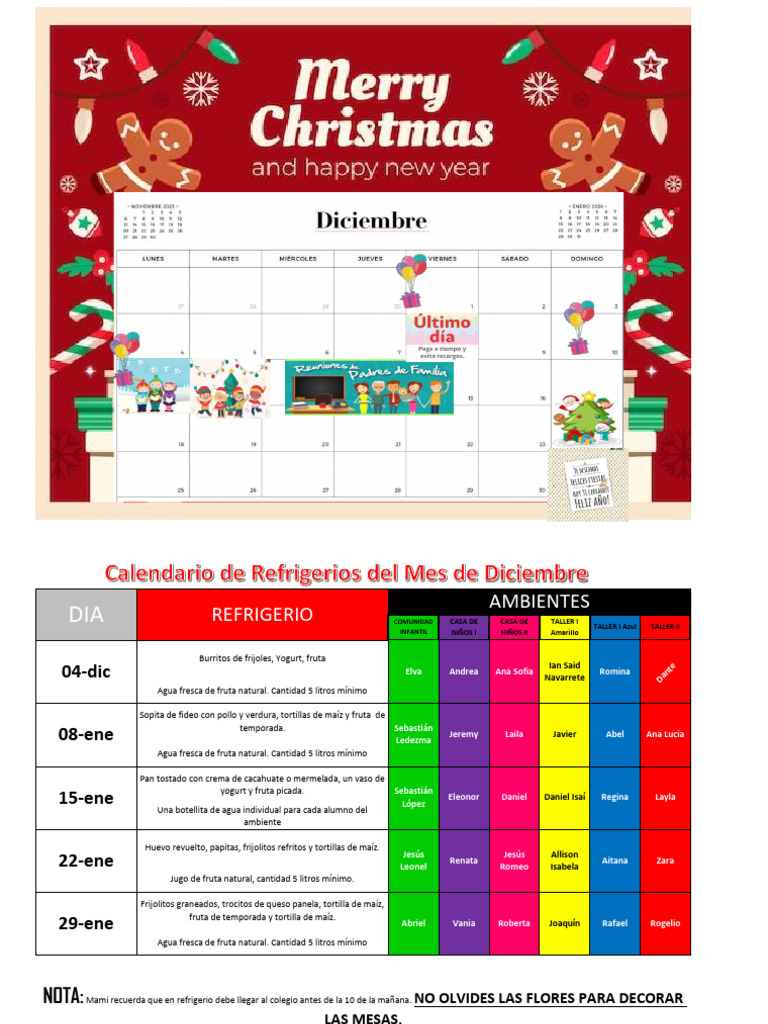 Calendario de Refrigerios y Actividades Escolar | PDF | Alimentos | Cocina