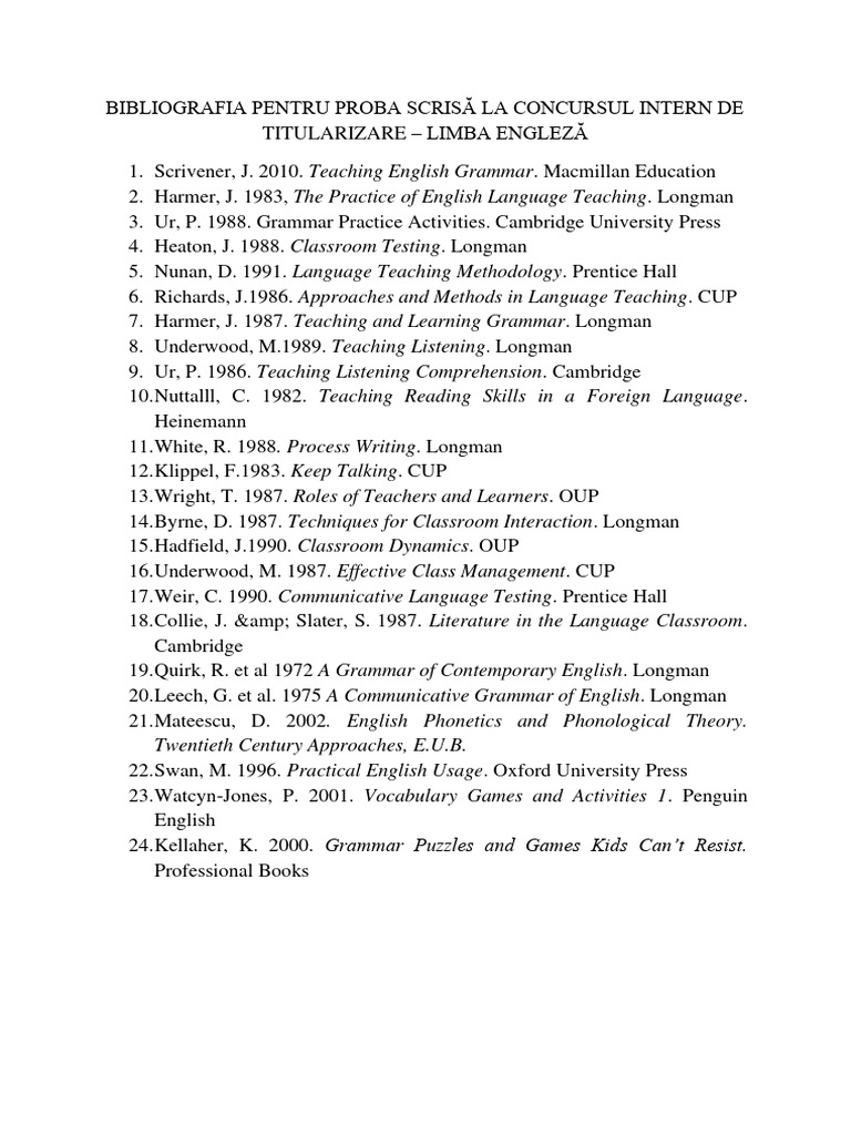 Bibliografie pentru Limba Engleză | PDF | Language Arts & Discipline ...