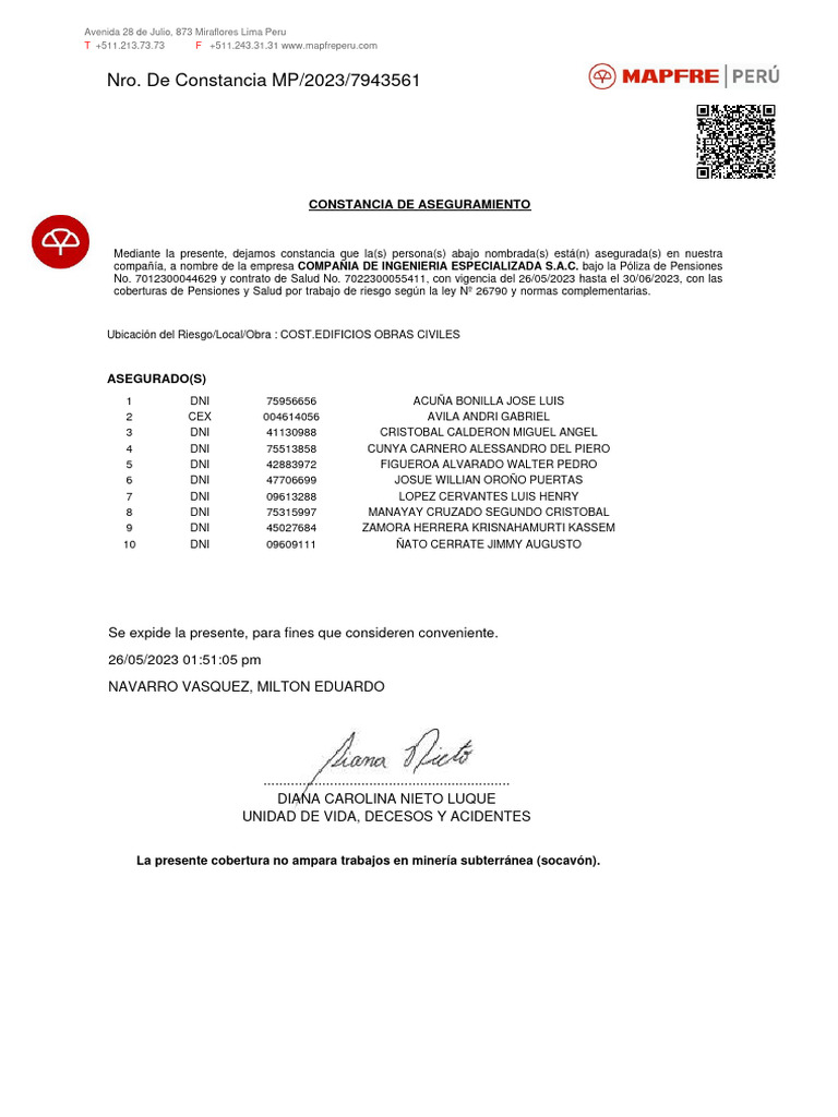 3 Constancia SCTR JUNIO - 7943561 | PDF | Póliza de seguros | Servicios financieros