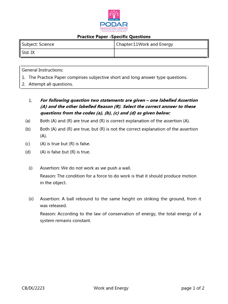CB_IX_Sci_Ch 11_Work and Energy_Specific Qs | PDF | Force | Physical Quantities