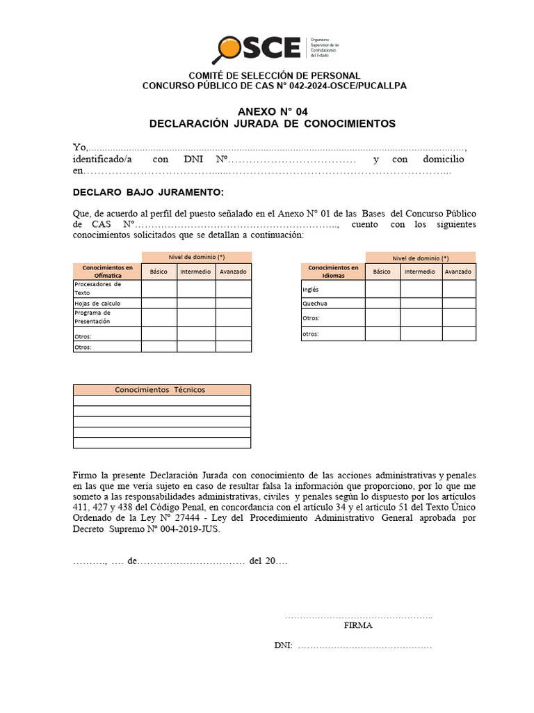 Anexo N 04 Declaracion Jurada de Conocimientos Del Concurso de Cas N 042 2024 Pucallpa | PDF ...