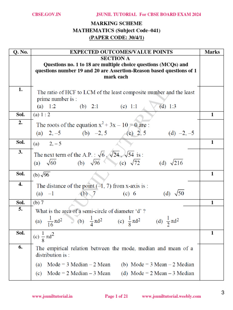 CBSE Math Exam Marking Scheme | PDF | Elementary Mathematics | Mathematics