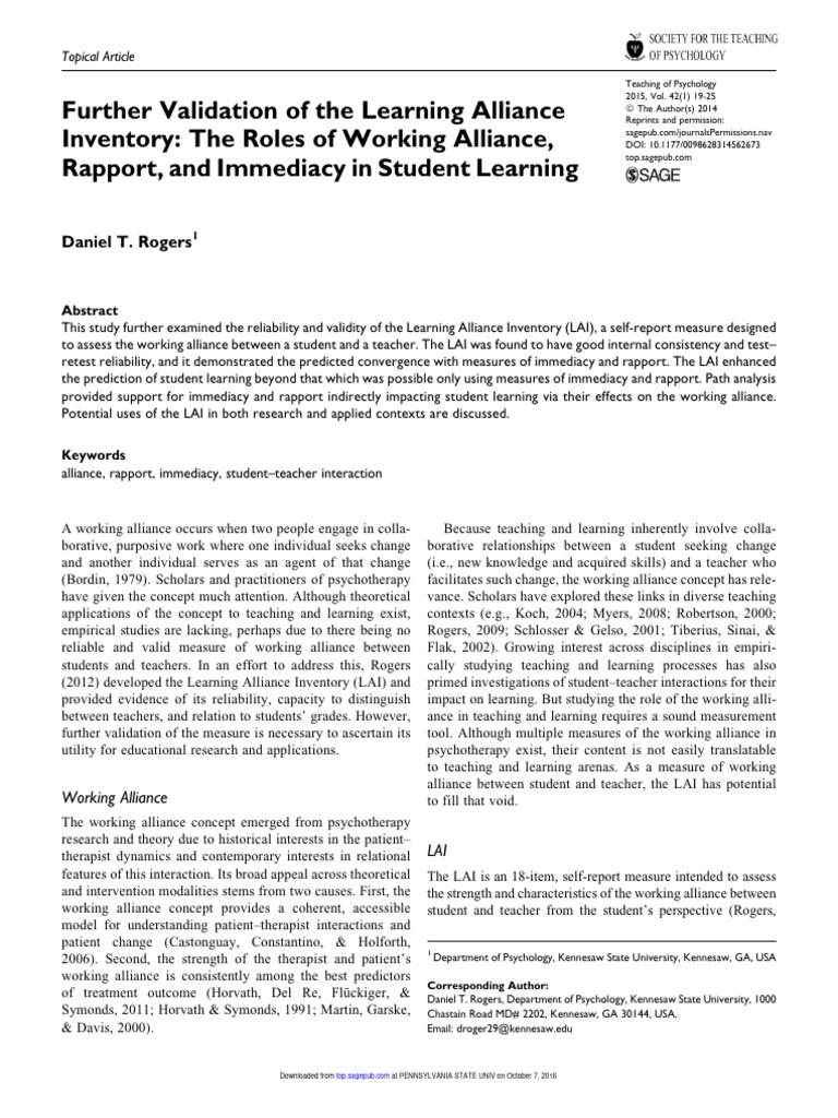 Further Validation of The Learning Alliance Inventory: The Roles of Working Alliance, Rapport ...