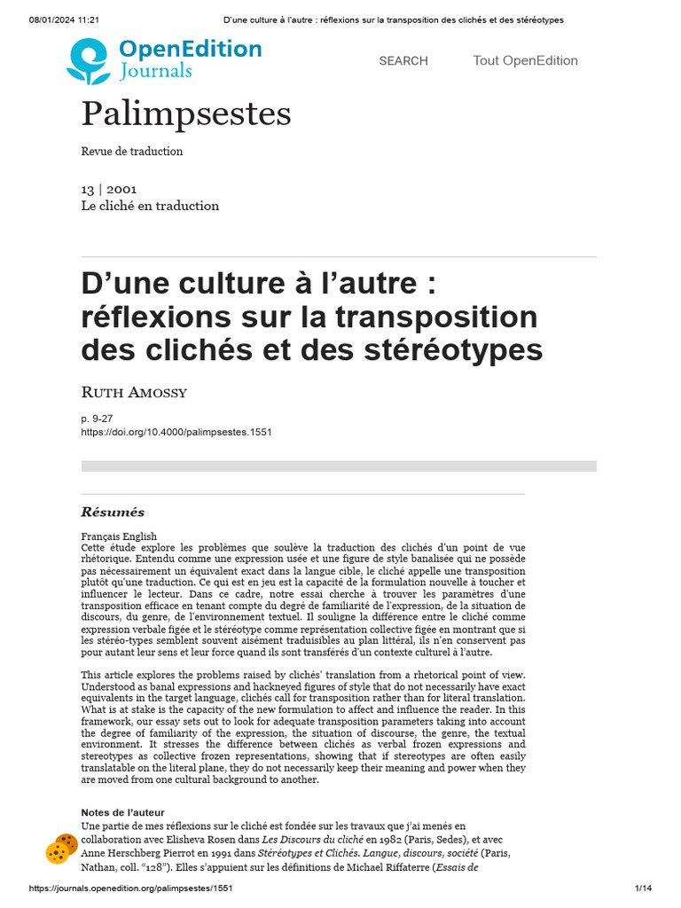 D'une Culture À L'autre - Réflexions Sur La Transposition Des Clichés ...