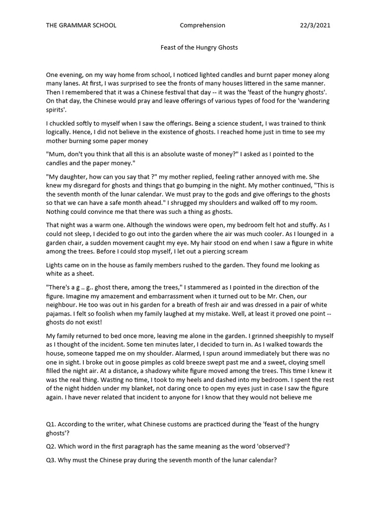 Feast of The Hungry Ghosts Comprehension | PDF | Ghosts