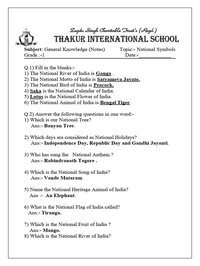 G.K. Topic National Symbols Grade 1 | PDF | Travel | Language Arts ...