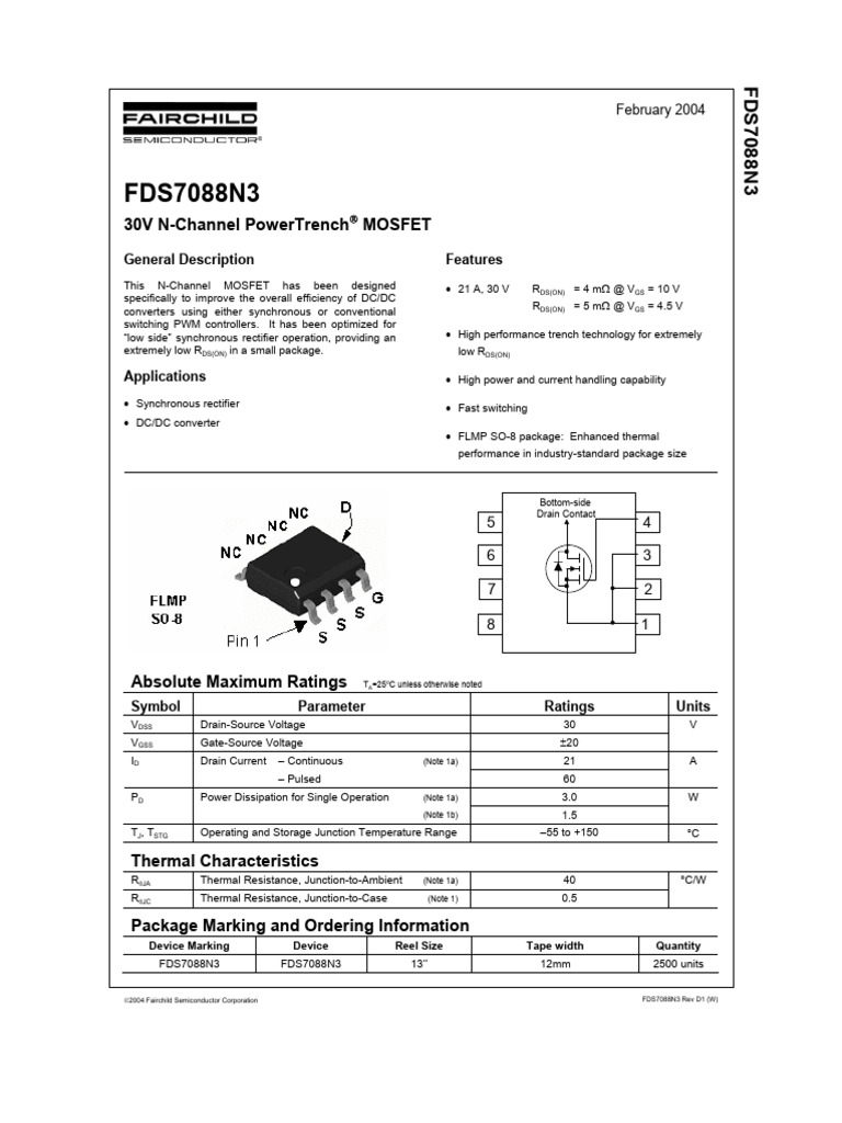 FDS7088N3 | PDF | Field Effect Transistor | Mosfet