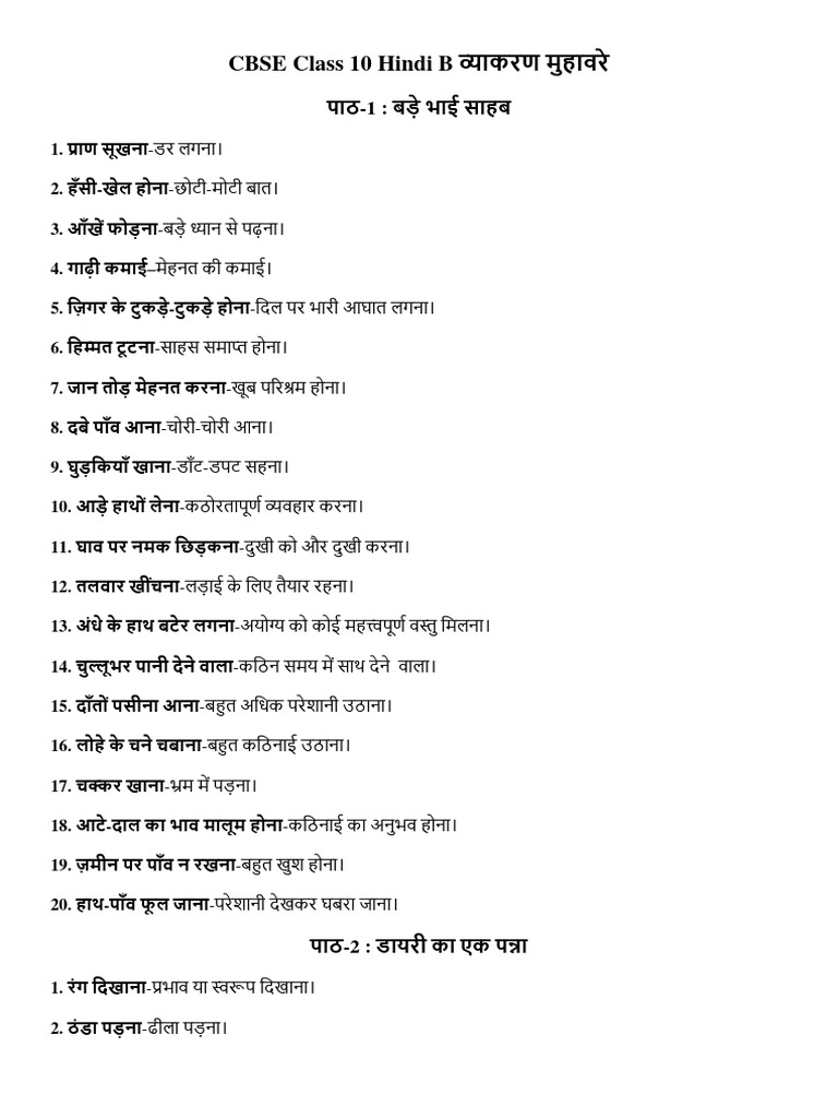 CBSE Class 10 Hindi B व्याकरण मुहावरे | PDF