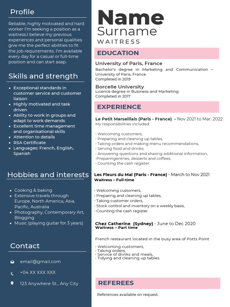 CV EXEMPLE 2024 Waitress | PDF | Waiting Staff | Cooking