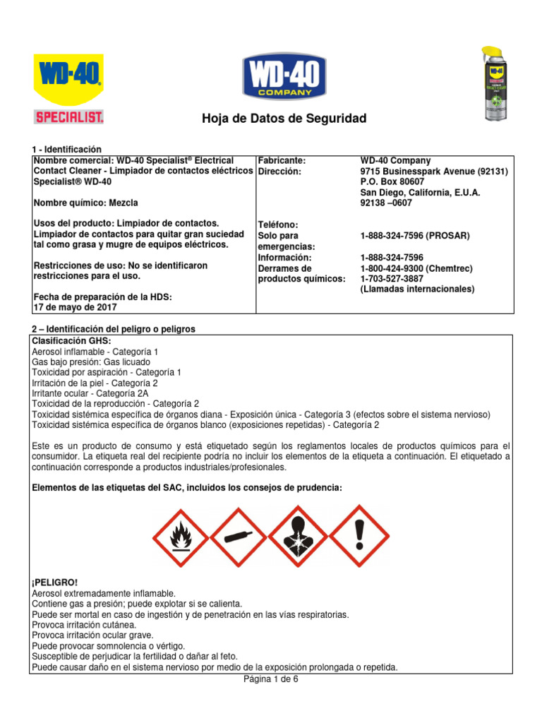 Ghs Sds WD 40 Specialist Contact Cleaner Spanish | PDF | Combustión | Agua