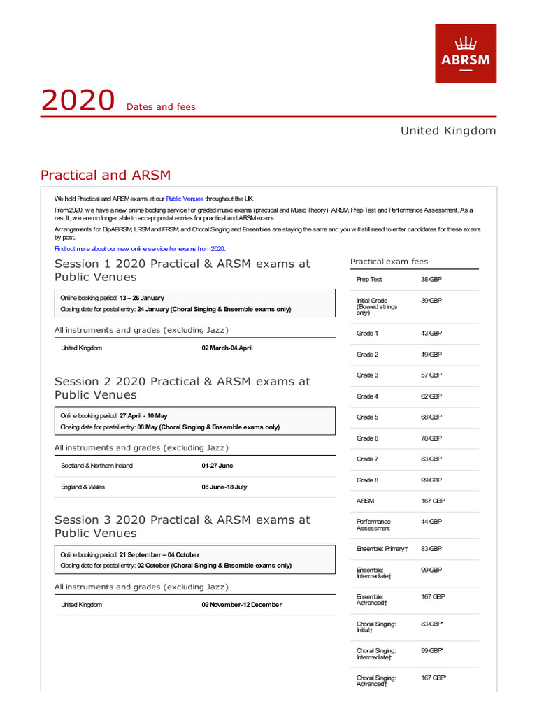 ABRSM 2020 Exam Dates and Fees UK | PDF