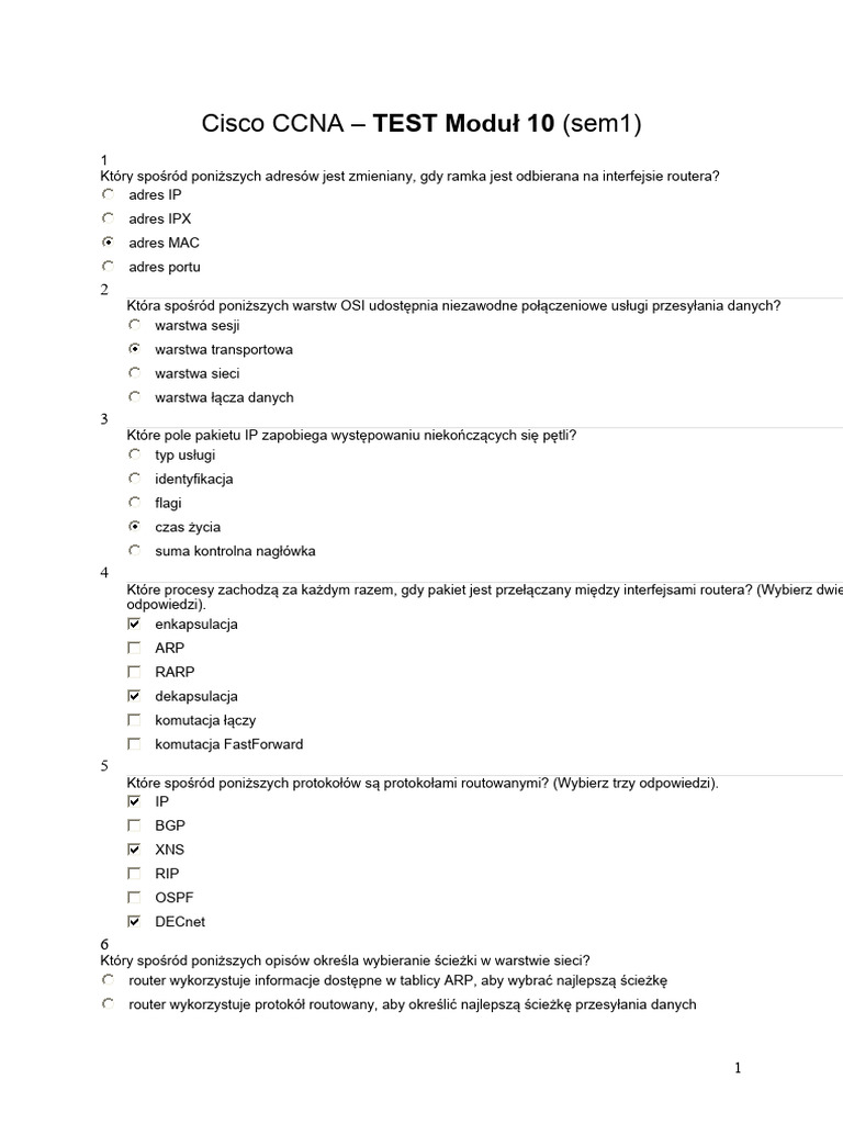 Cisco CCNA Moduł 10 TEST | PDF