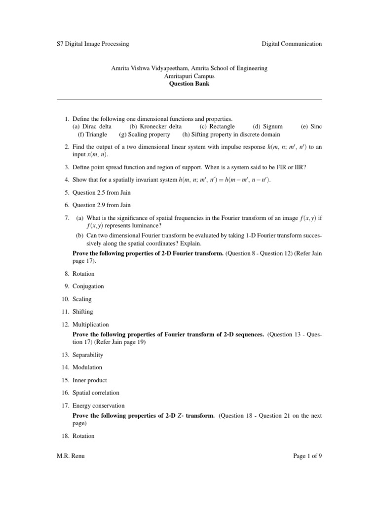 DIP Question Bank | PDF | Data Compression | Discrete Fourier Transform DIP Question Bank | PDF | Data Compression | Discrete Fourier Transform