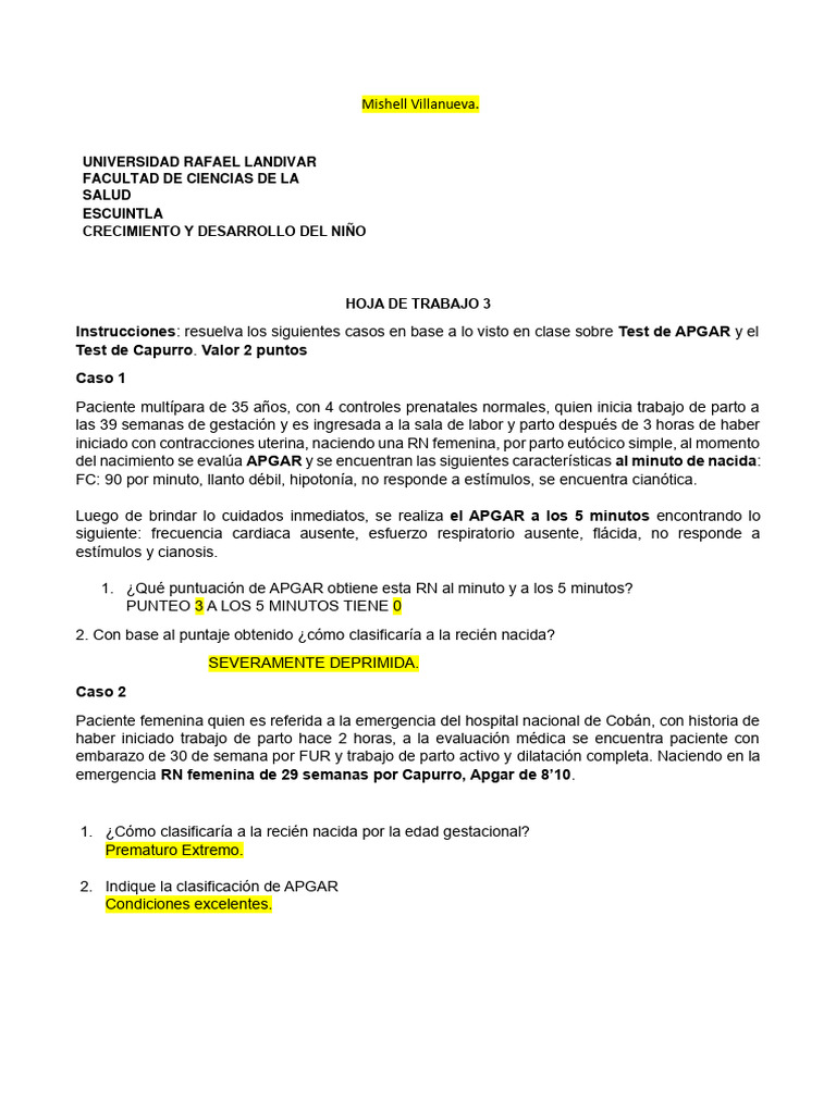 Hoja de Trabajo 3 Mishell Villanueva. | PDF | Parto | El embarazo