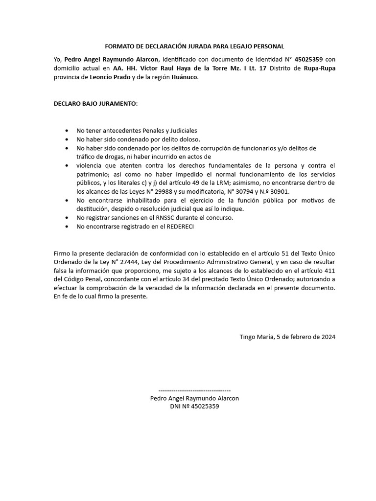 FORMATO DE DECLARACIÓN JURADA PARA LEGAJO PERSONAL | PDF