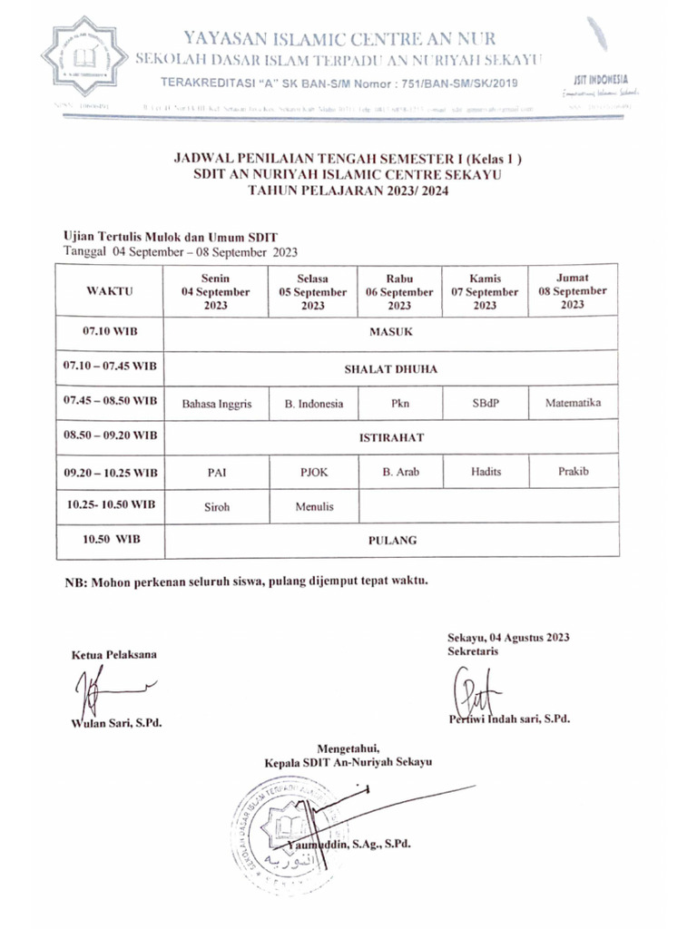 Revisi Jadwal Tertulis (1-6) PTS 1 2023 | PDF