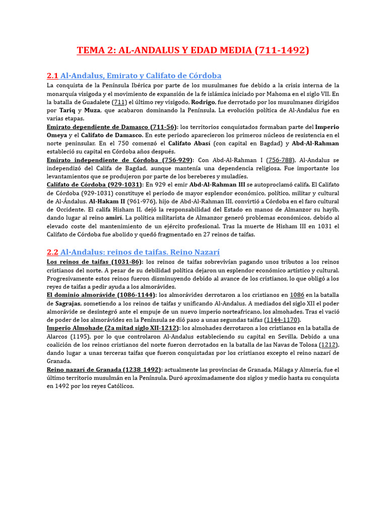 Tema 2 Historia Al Andalus Y Edad Media 711 1492 Pdf Al Andalus