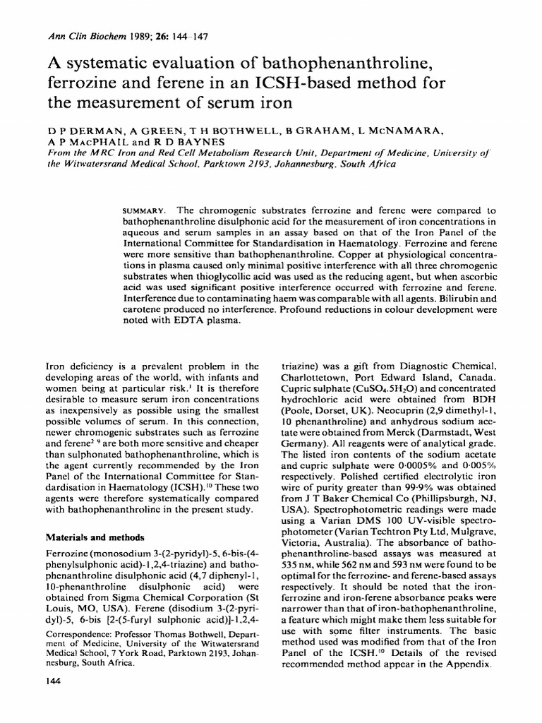 Derman Et Al 1989 A Systematic Evaluation Of Bathophenanthroline Ferrozine And Ferene In An Icsh