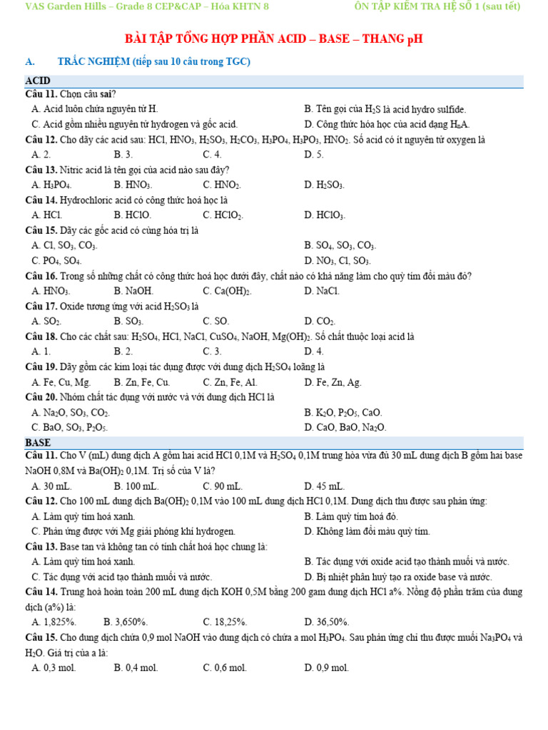 Khtn8 - bài Tập Tổng Hợp Phần Acid,Base,Ph | PDF