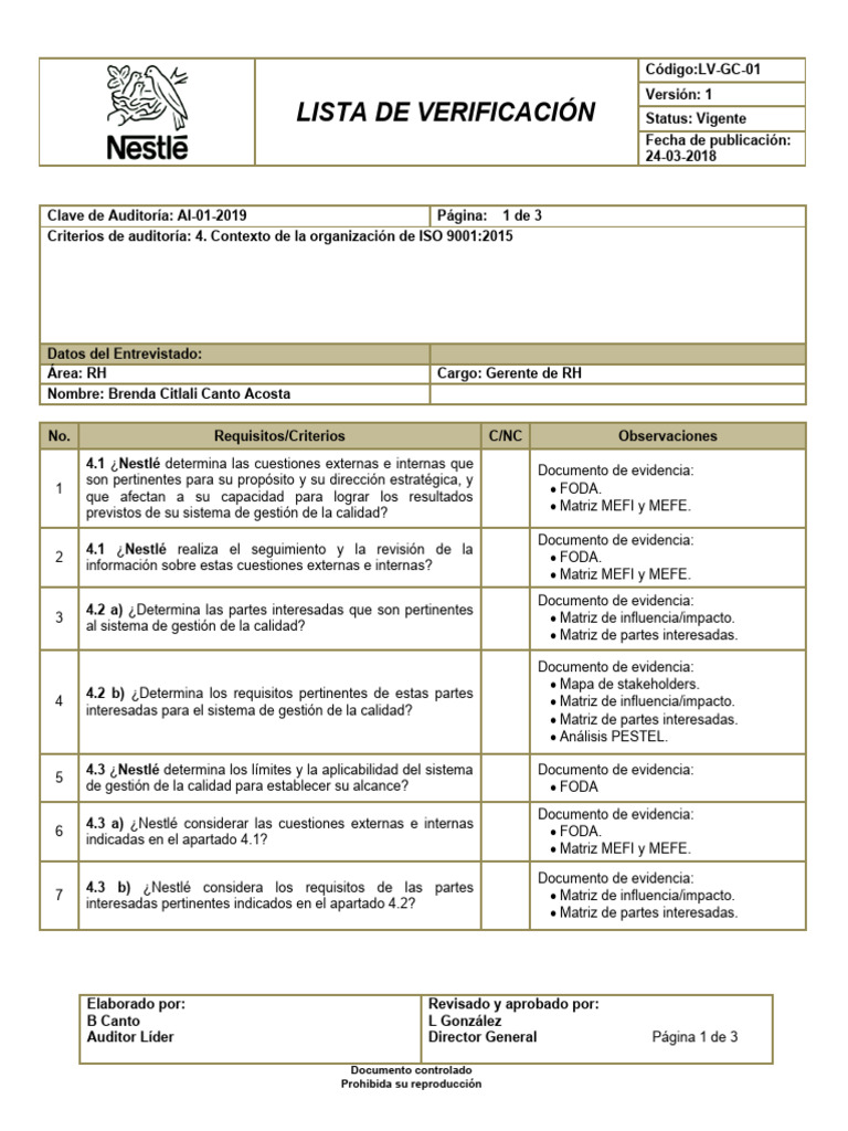 Lista de Verificacion Nestlé 1 | PDF | Sistema de manejo de calidad ...
